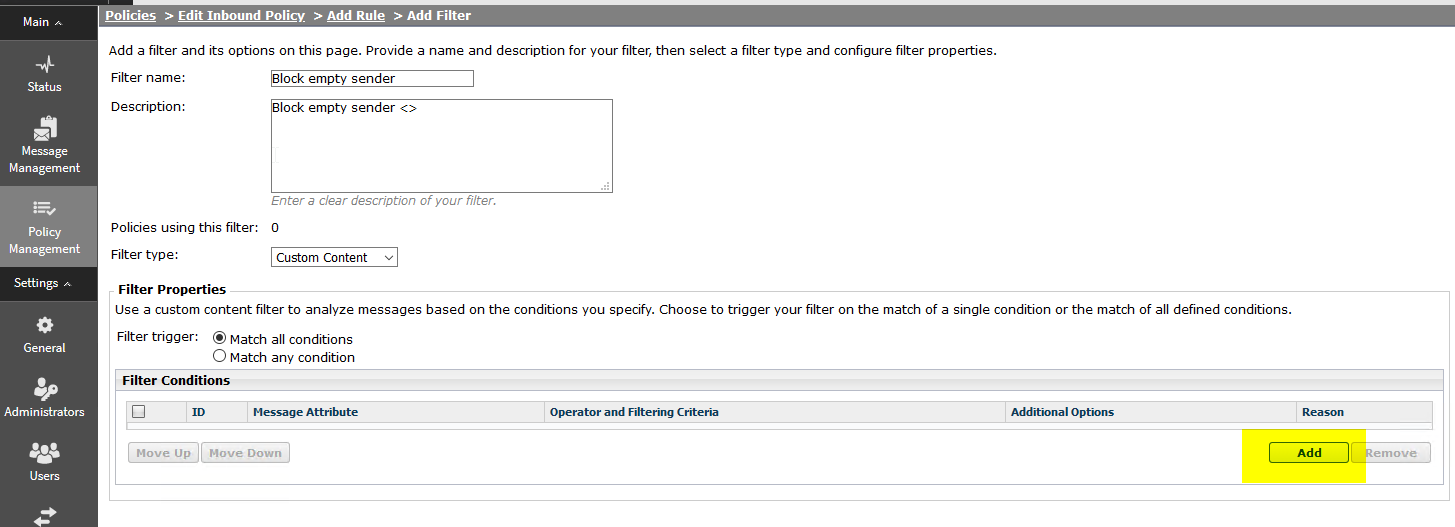Custom policy to block empty sender