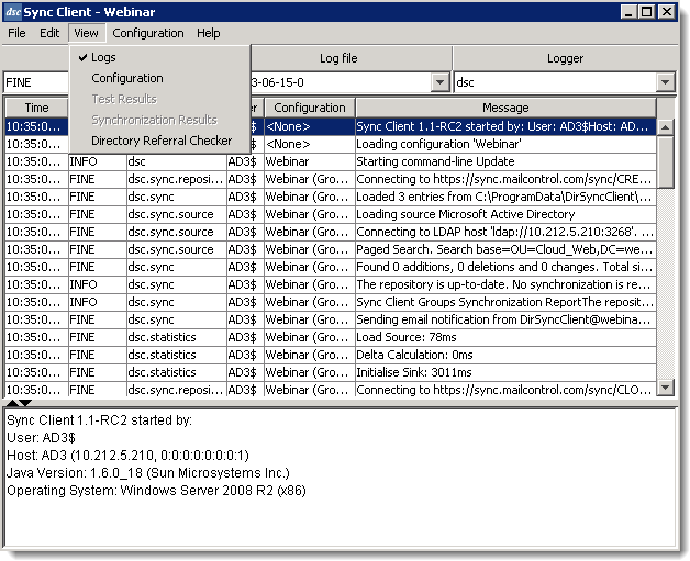 Directory Sync Client logs, settings and configuration files