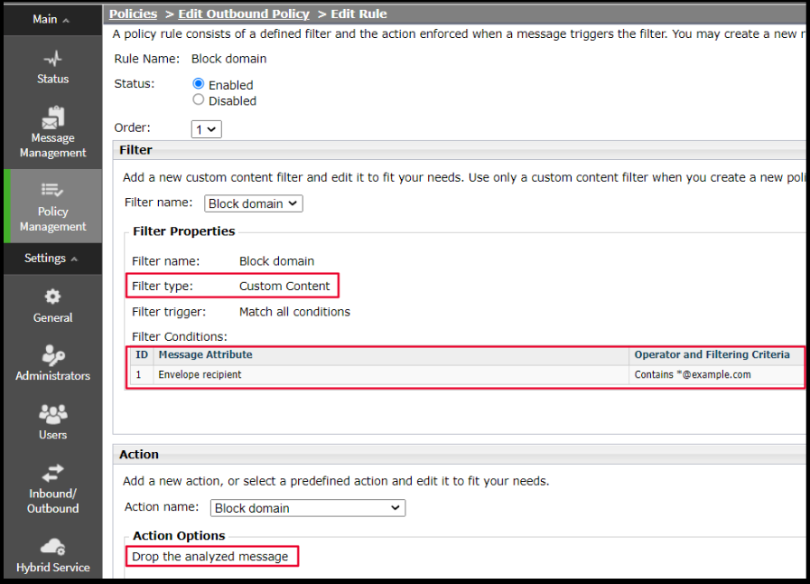 How to block messages to / from a particular domain or email address using a custom content rule